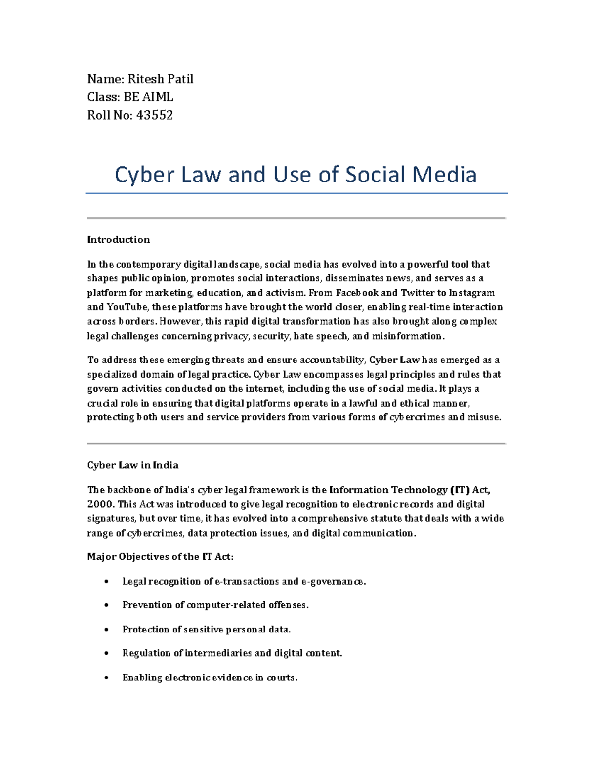BE AIML Cyber Law & Social Media: Legal Framework & Challenges - Studocu