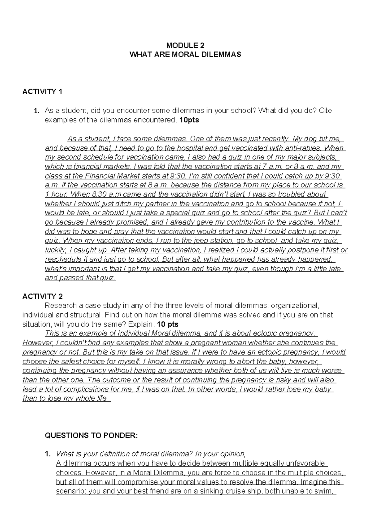 MODULE 2: EXPLORING MORAL DILEMMAS - ACTIVITIES & CASE STUDIES - Studocu