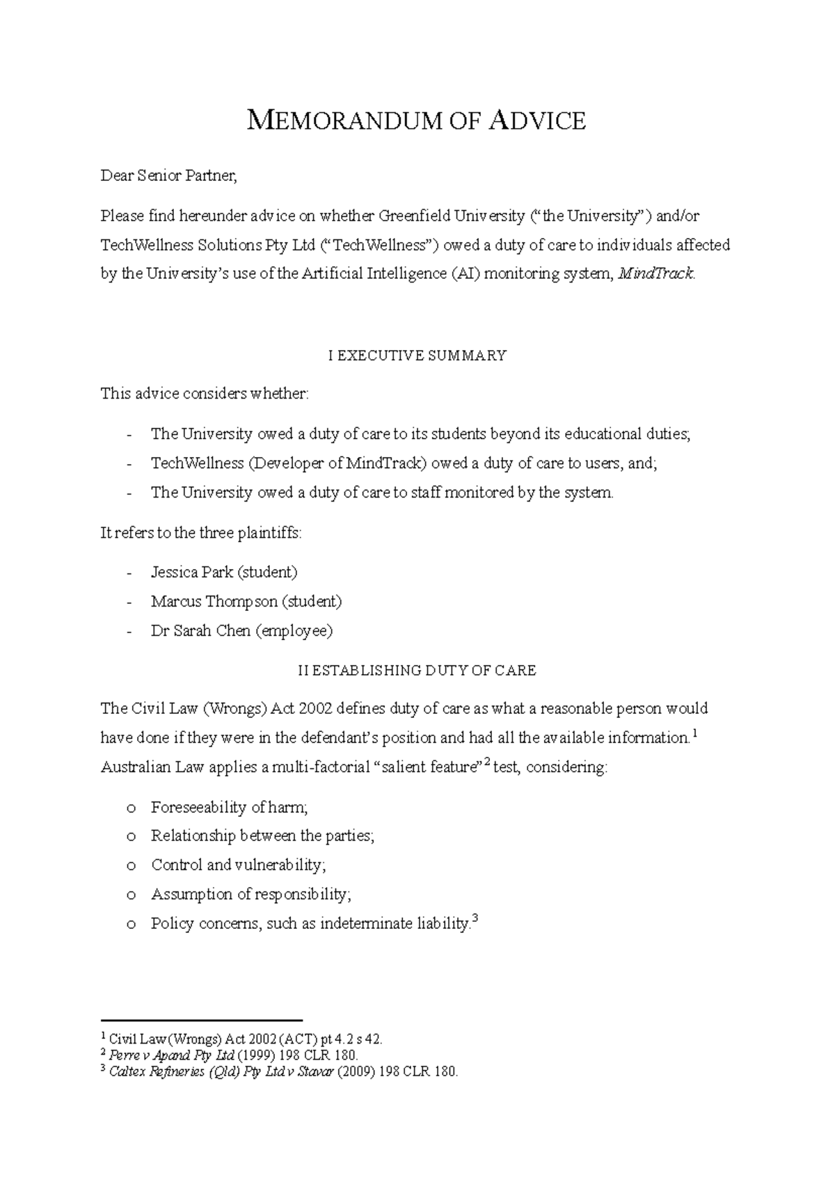 AT2 Torts Final: Duty of Care Analysis for AI Monitoring System - Studocu
