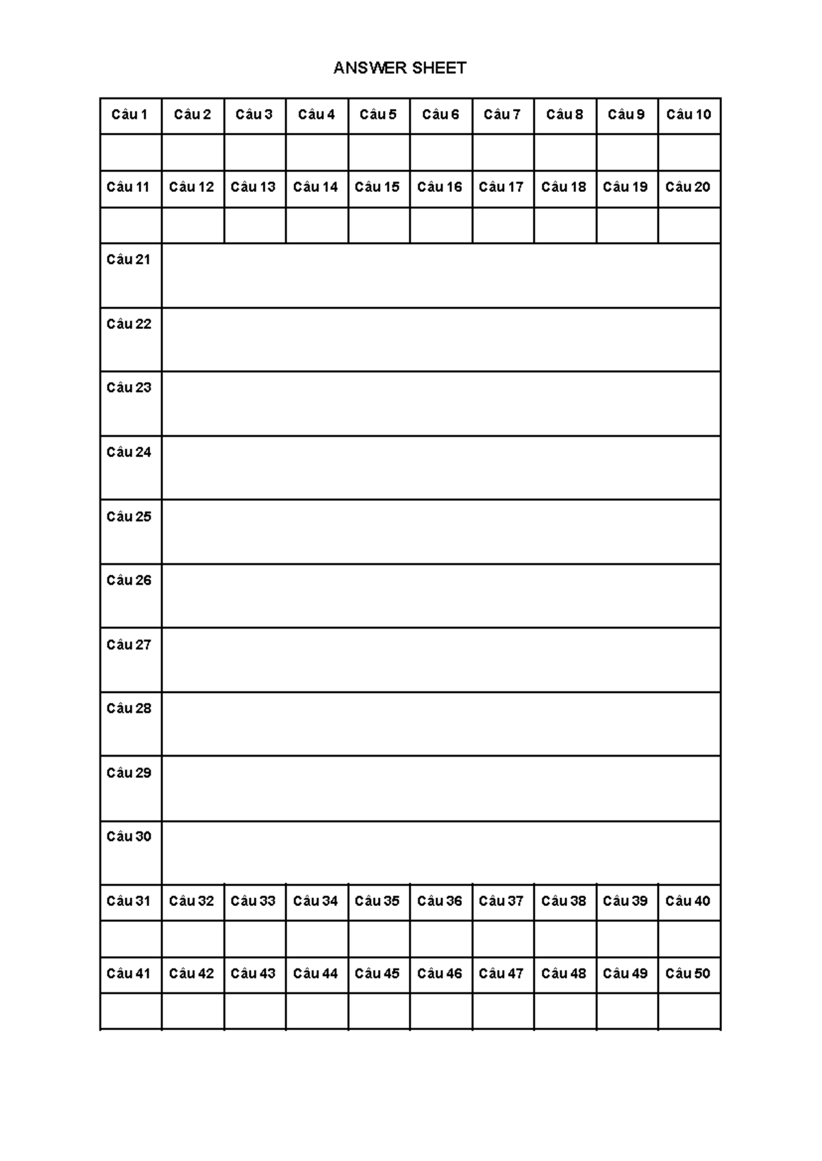 ANSWER SHEET for Quiz: Questions 1-50 - Studocu