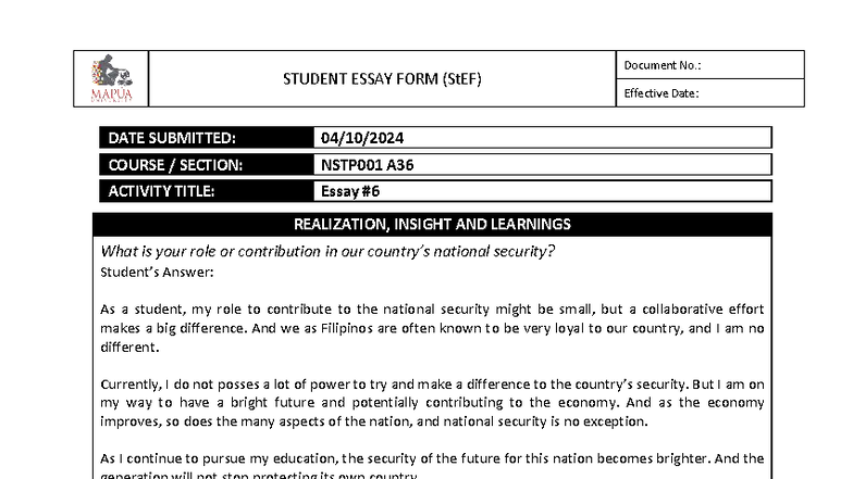 NSTP001 Essay: Realization, Insight, and Learnings on National Security ...