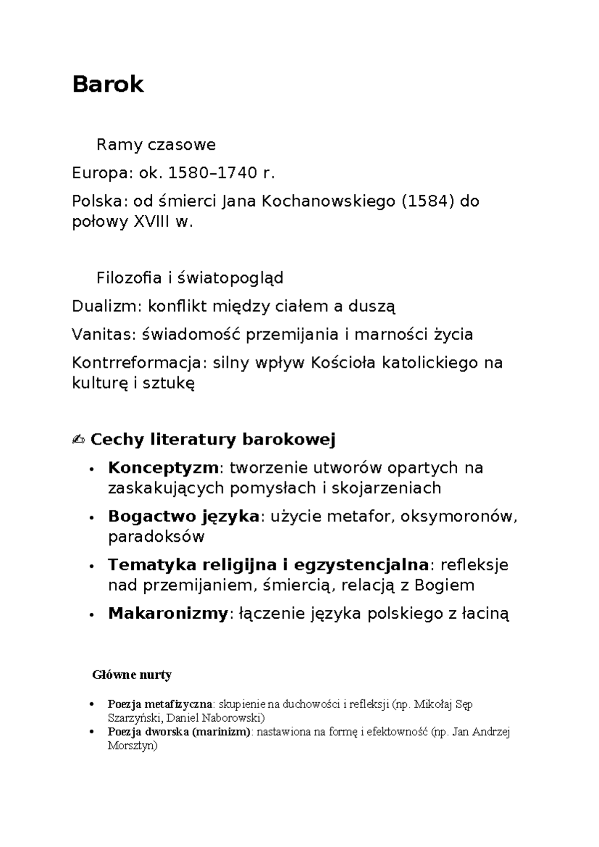 Barok w Europie: od Jana Kochanowskiego do połowy XVII wieku - Studocu