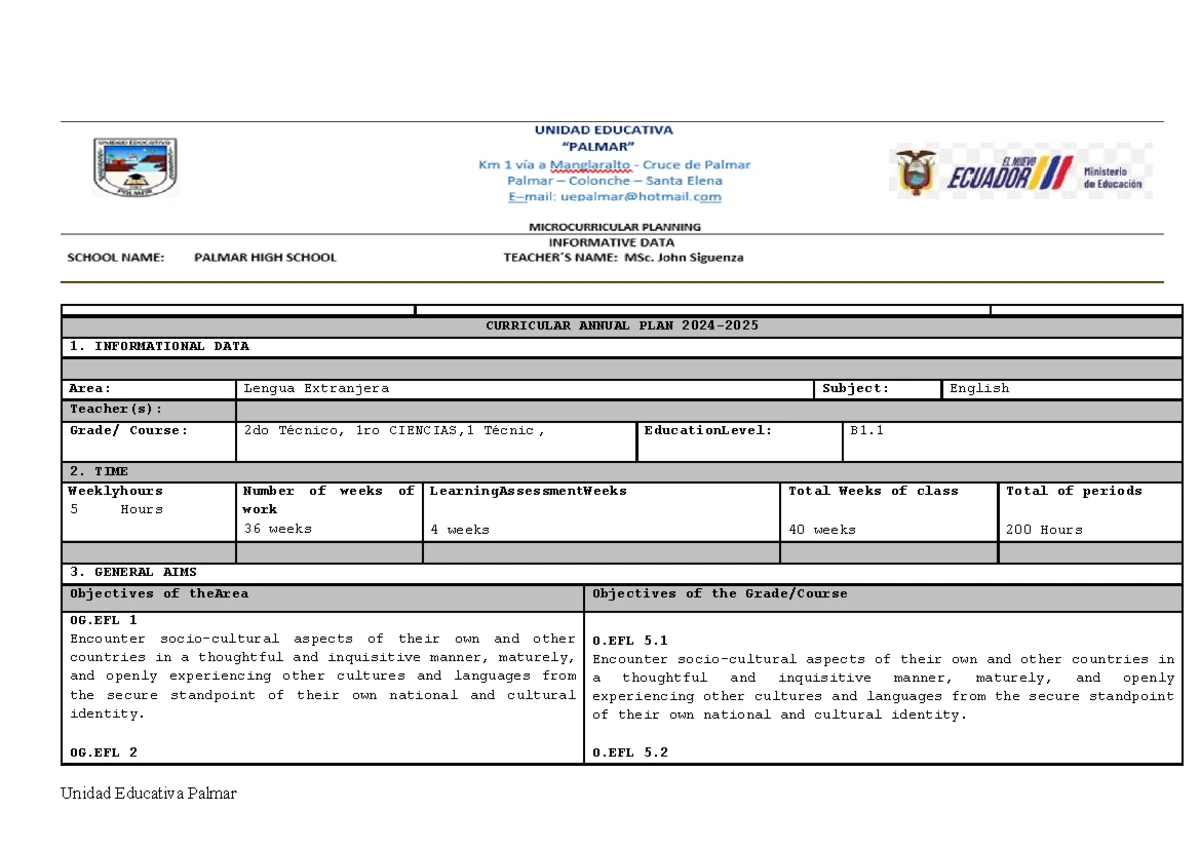 PCA - Annual Curricular Plan for English 1ro BGU: Objectives ...
