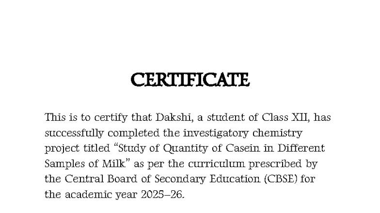 CBSE Class XII Investigatory Project: Amount of Casein in Milk - Studocu