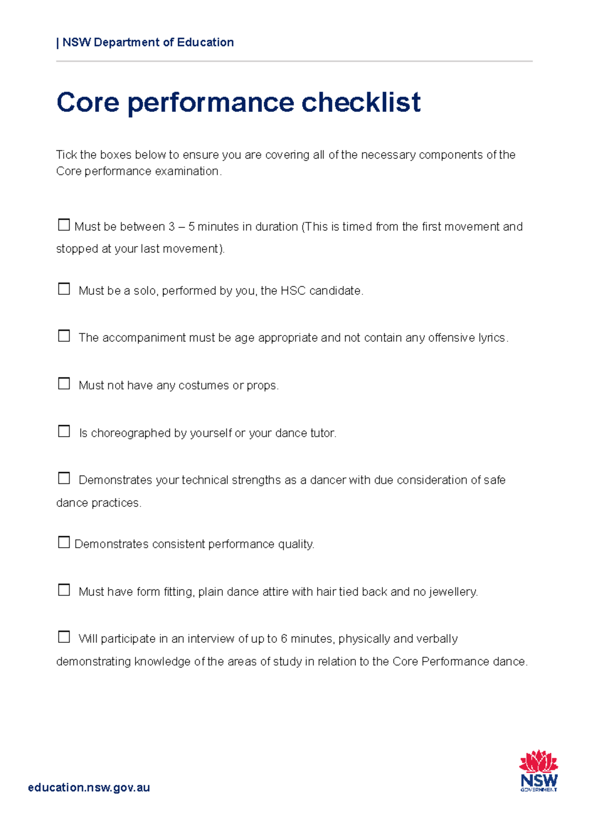 HSC Dance Core Performance Checklist for Examination - Studocu