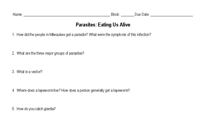 BIOL 101: Parasites Eating Us Alive Video Worksheet - Studocu