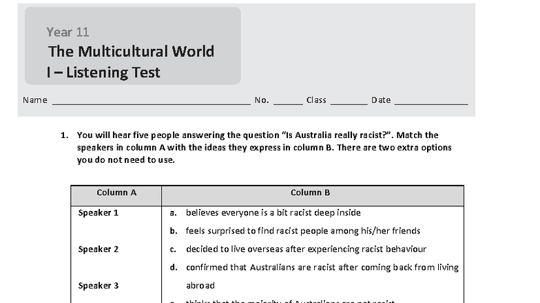Year 11 The Multicultural World I Listening & Writing Test - Studocu