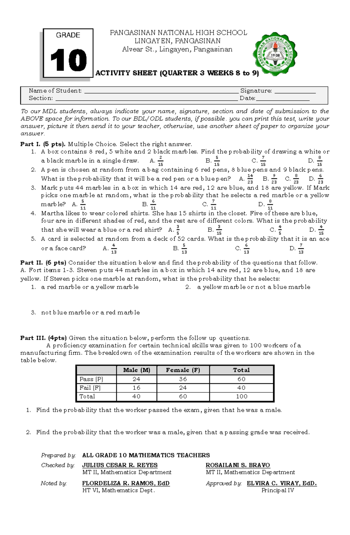 Math 10 Q3 Activity Sheet: Weeks 8-9 Probability Exercises - Studocu