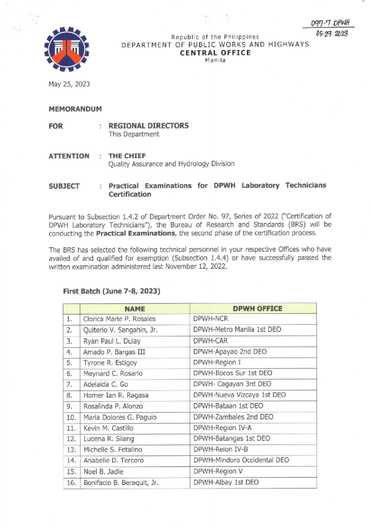 Memo 097.7 052523: Practical Exams for DPWH Lab Tech Certification ...