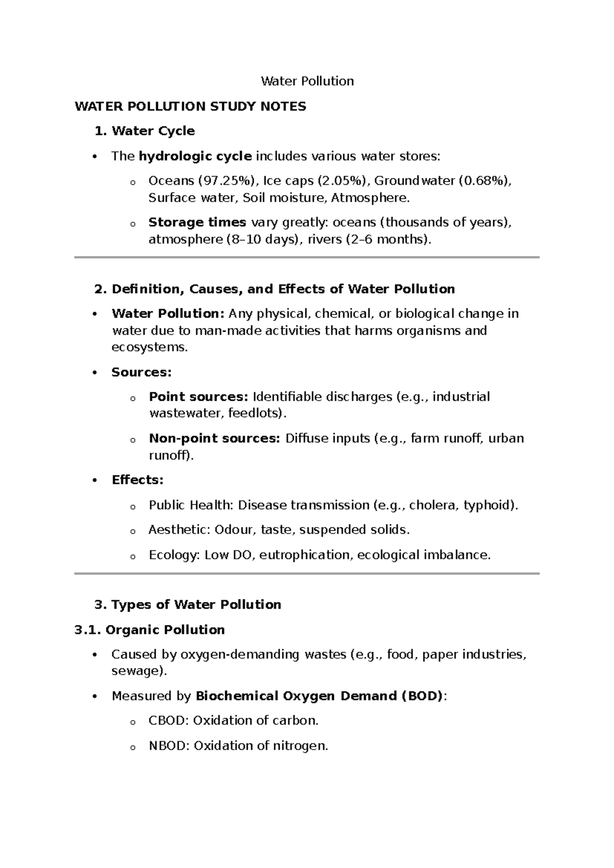 Water Pollution Study Notes: Causes, Effects, and Types - Studocu