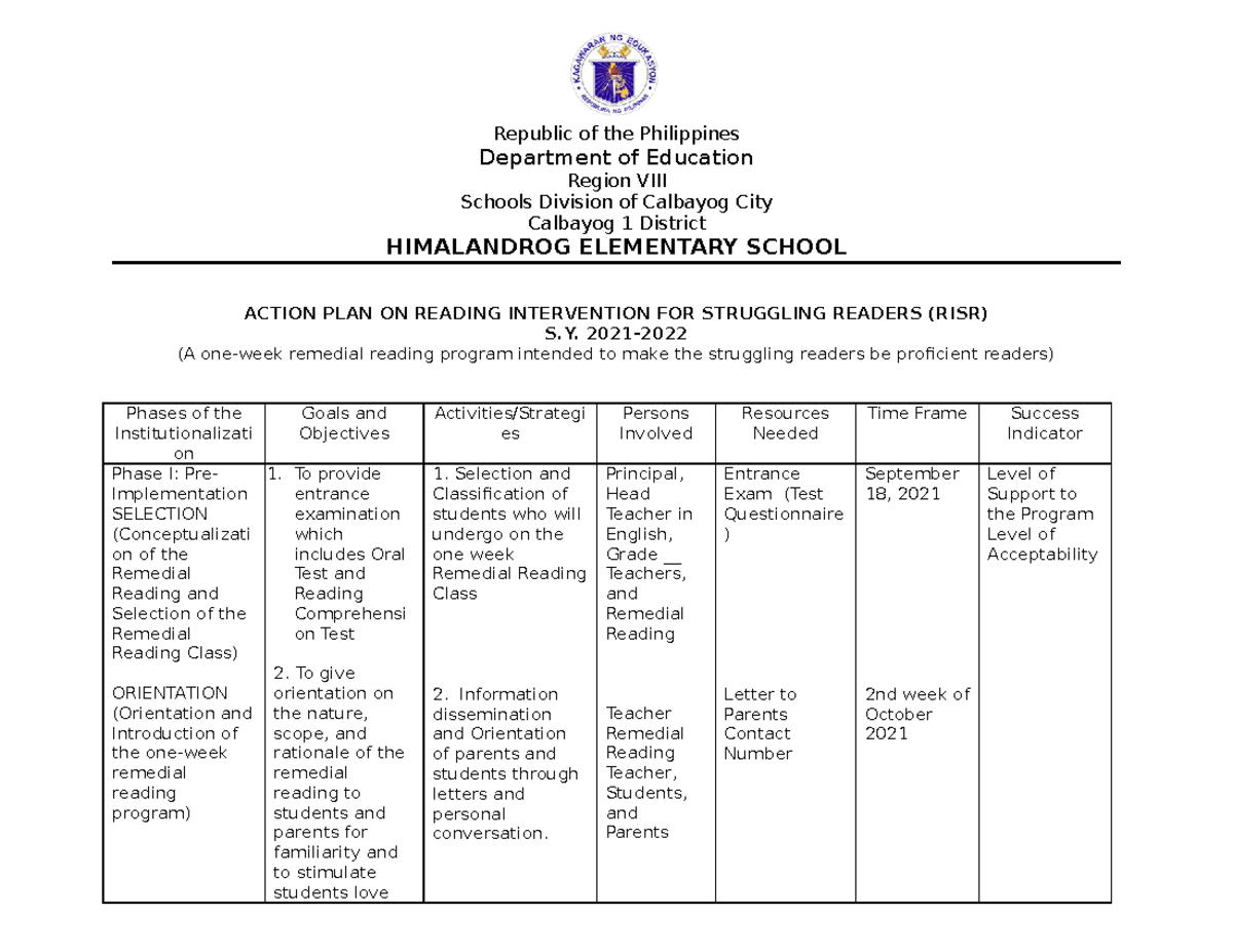 Action Plan for Reading Intervention (S.Y. 2021) for Struggling Readers ...