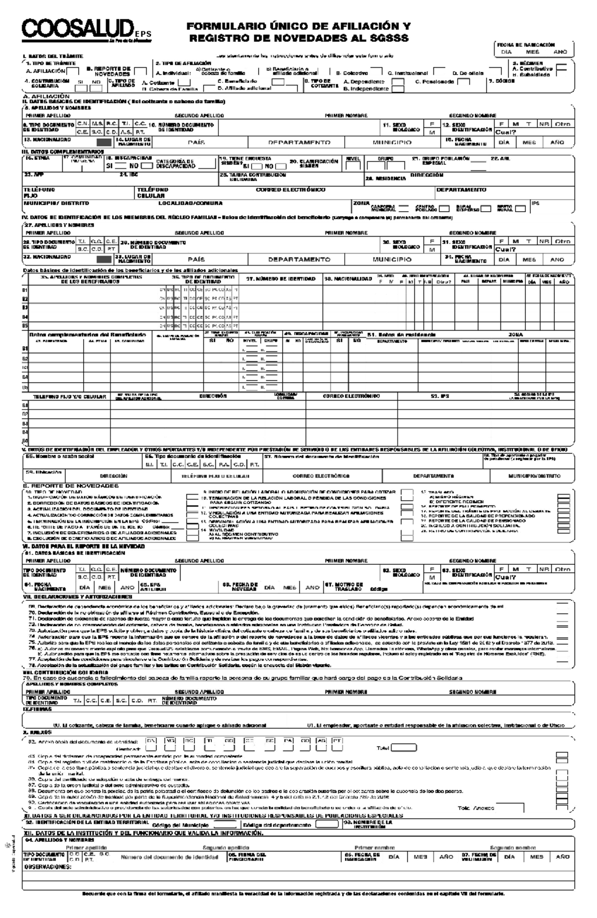 Formulario Único de Afiliación COOSALUD 2025: Registro de Novedades ...