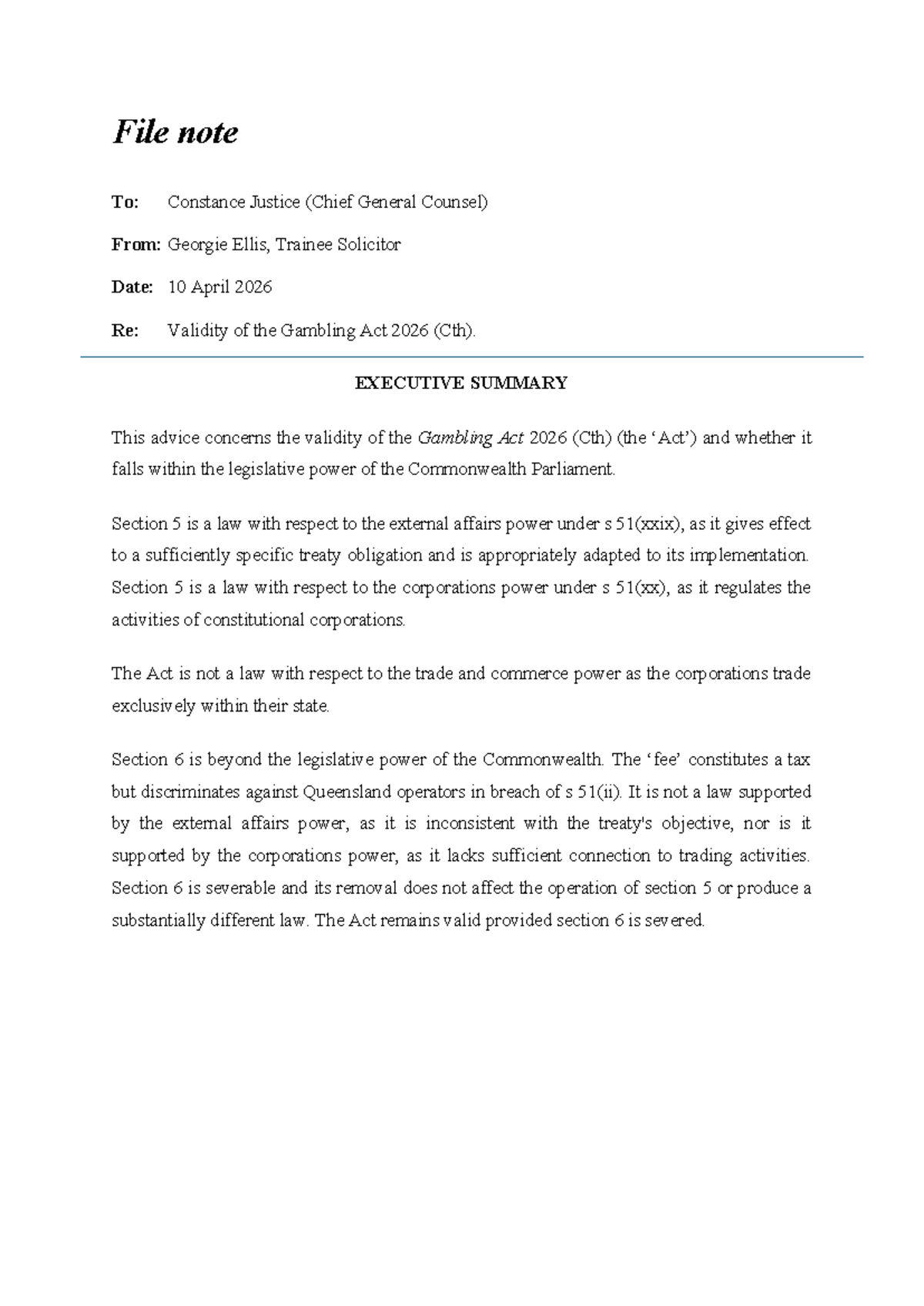 LLB203 Assignment Draft: Validity of the Gambling Act 2026 (Cth ...