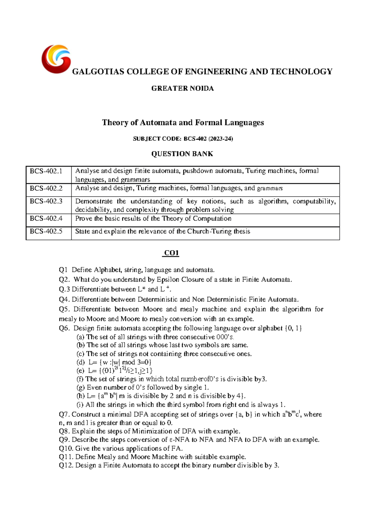 TAFL BCS402 Theory of Automata & Formal Languages Question Bank - Studocu