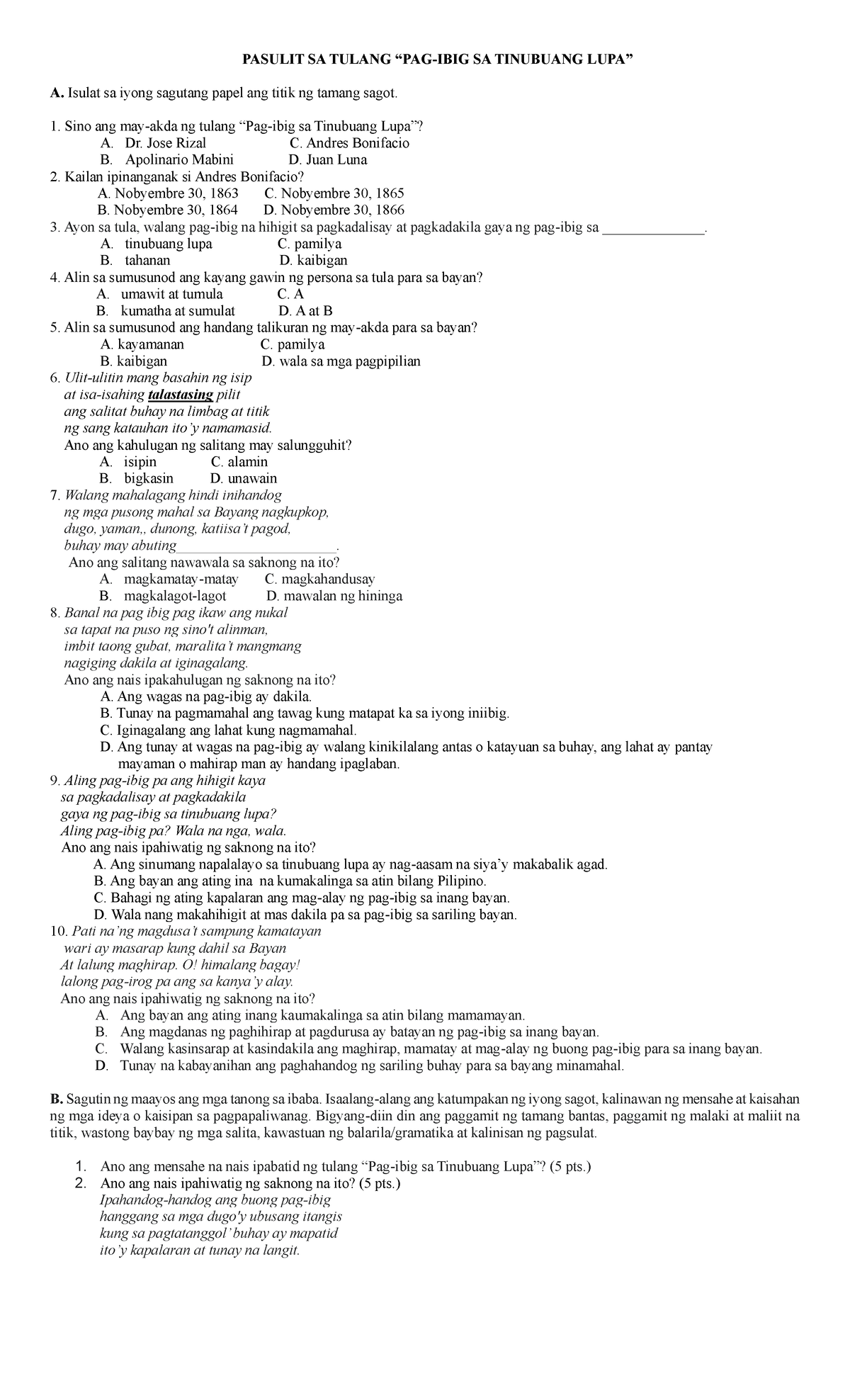 Pasulit sa Tula: Pag-ibig sa Tinubuang Lupa (Filipino 101) - Studocu