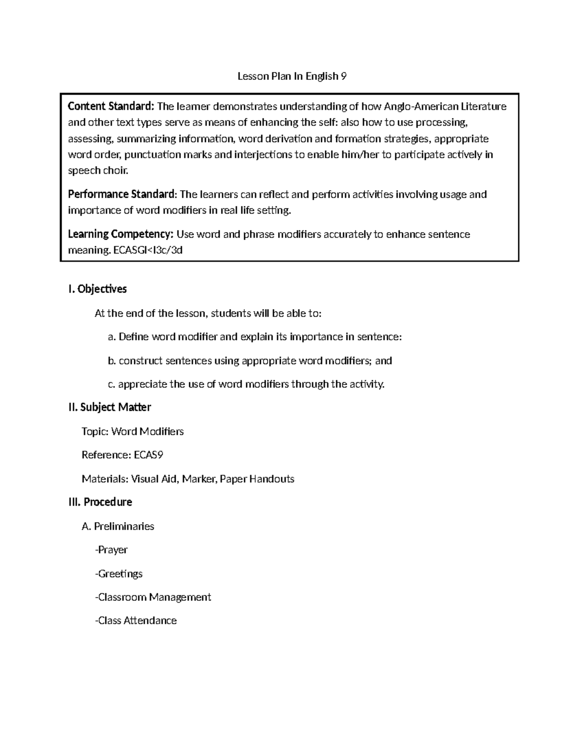 Lesson Plan in English 9: Understanding Word Modifiers - Studocu