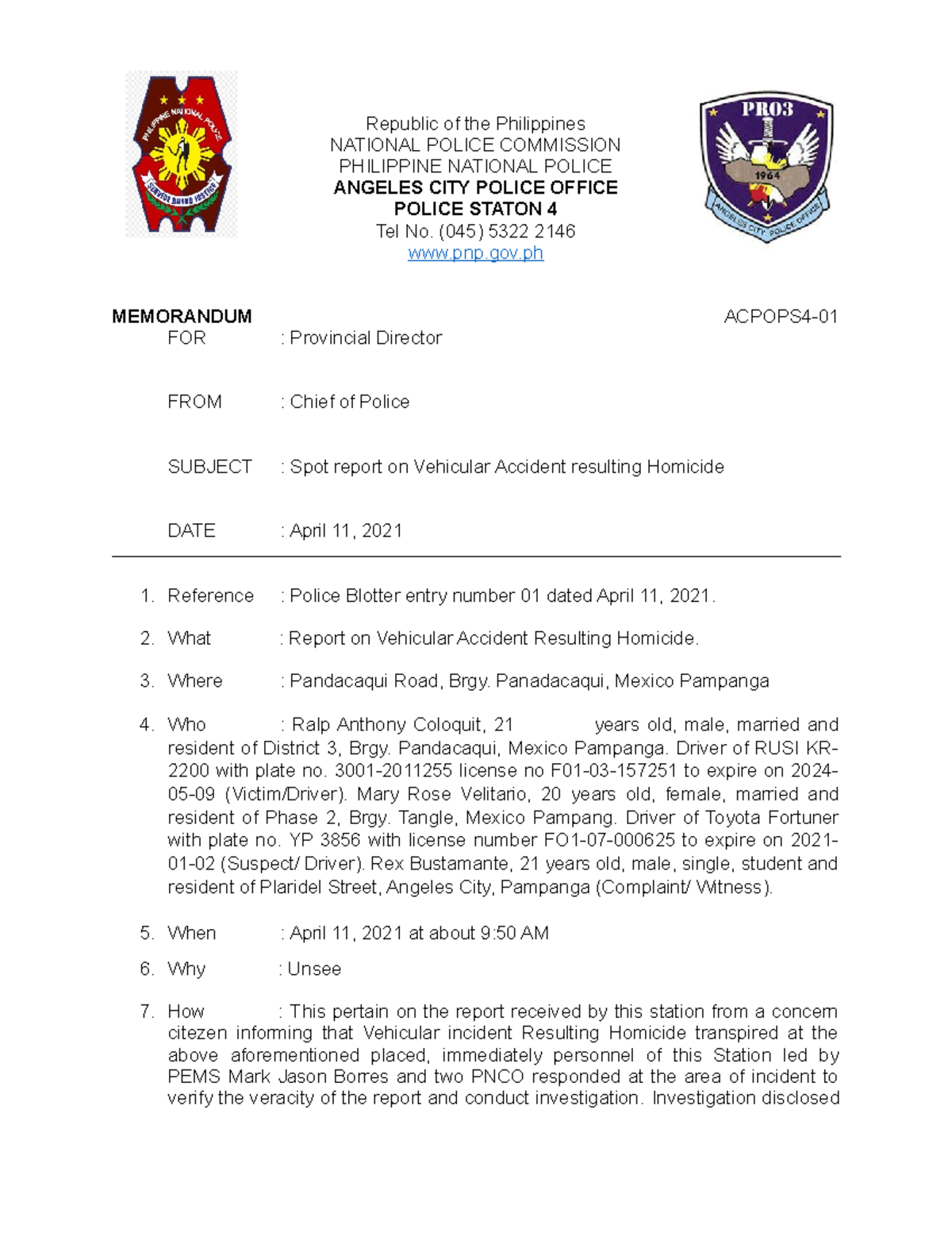 Spot Report on Vehicular Accident Homicide - ACPOPS4 - Studocu