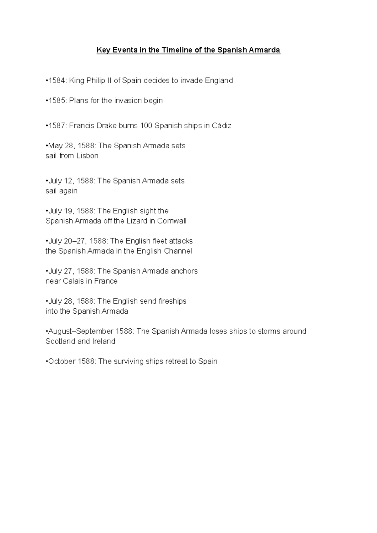 Key Events in the Spanish Armada Timeline (HIST 101) - Studocu