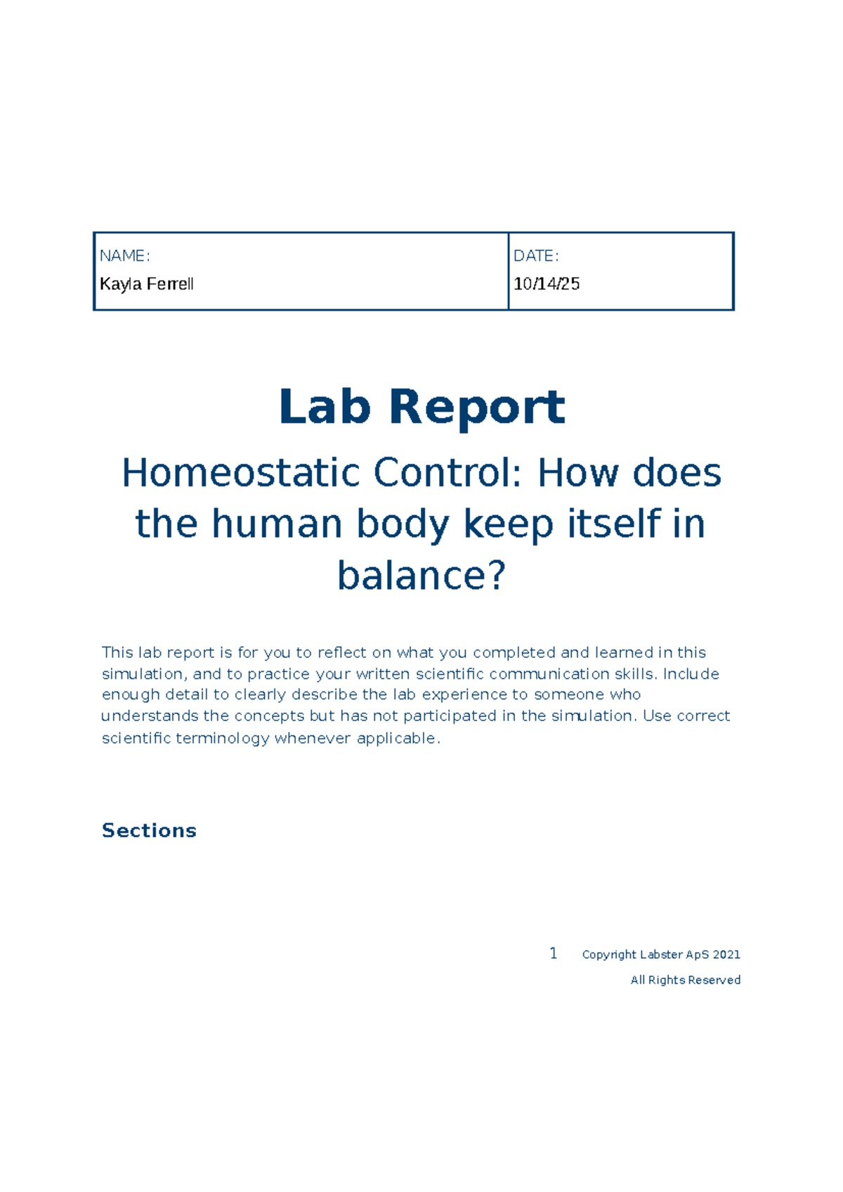 Lab Report: Homeostatic Control in Human Physiology (BIO101) - Studocu