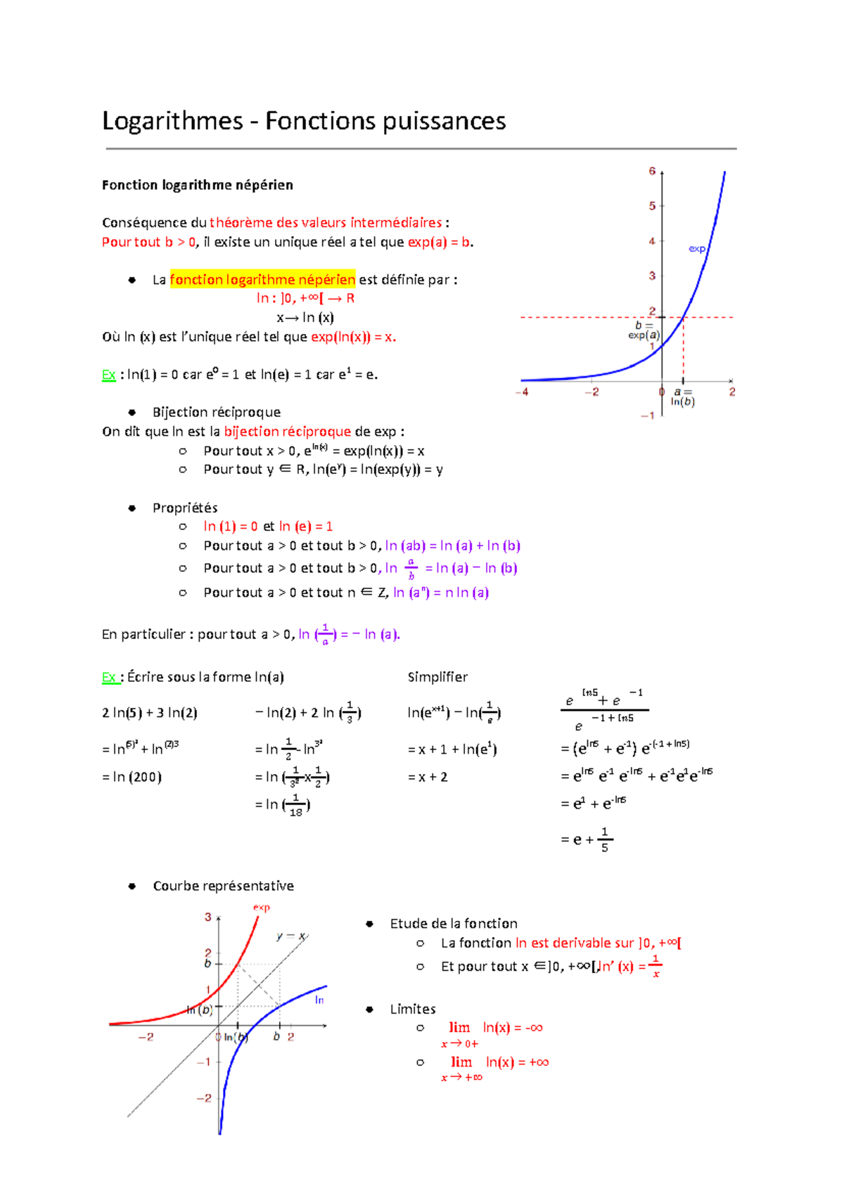 Logarithmes - Fonctions puissances - Logarithmes - Fonctions puissances Fonction logarithme ...