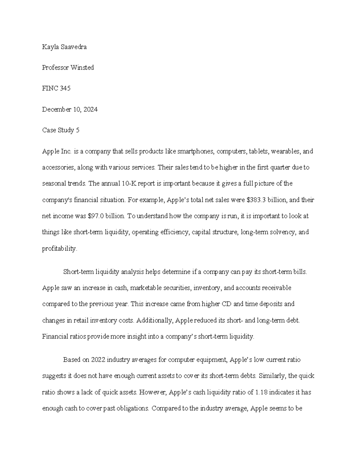 FINC345 Case Study 5 - Kayla Saavedra Professor Winsted FINC 345 ...