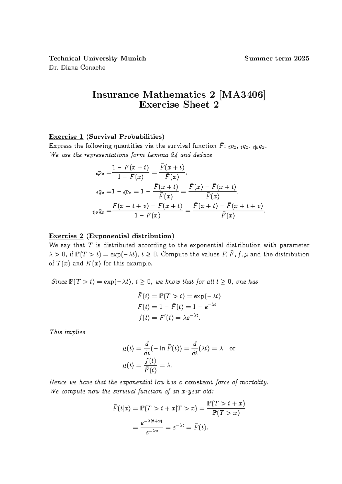 Insurance Mathematics 2 Exercise Sheet 2 Solutions and Insights - Studocu