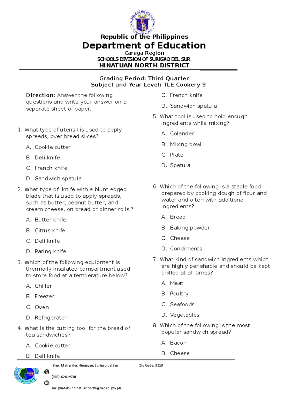 3rd Quarter Exam Answers for TLE Cookery 9 - Studocu