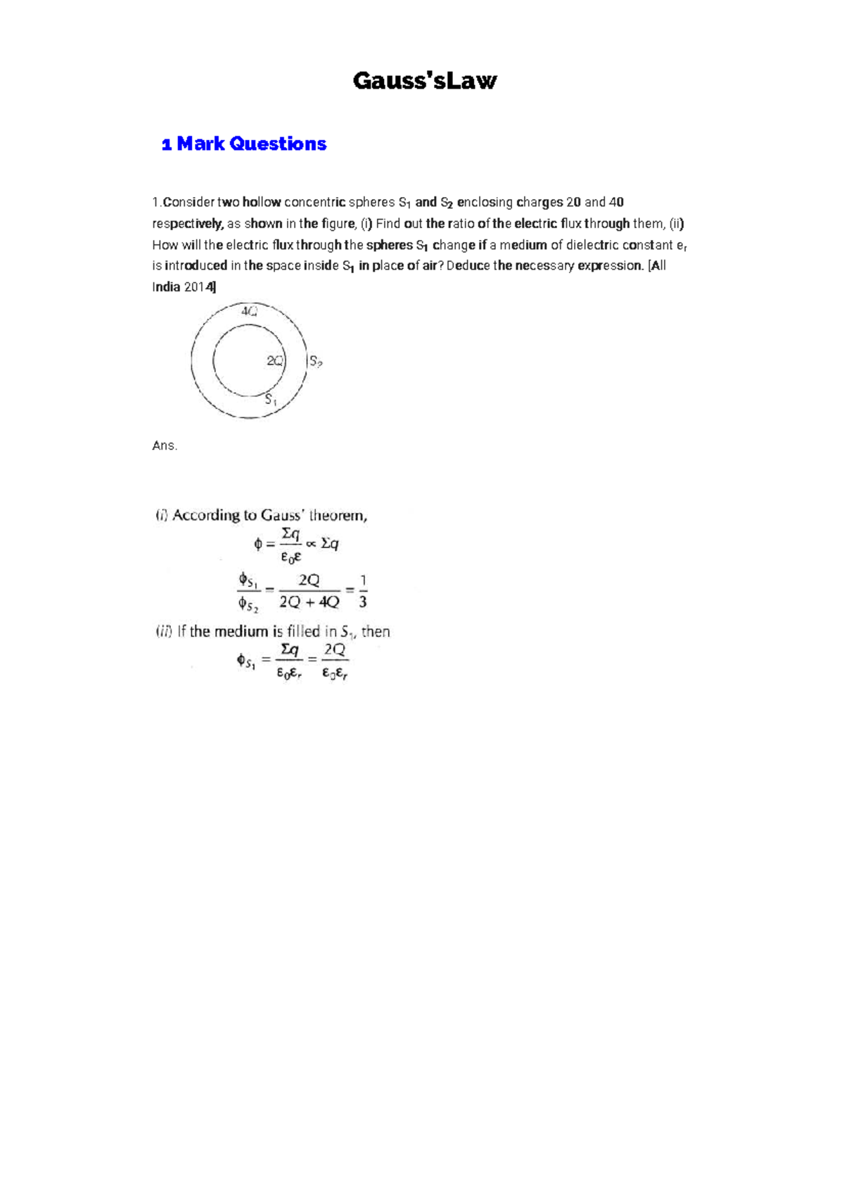 Electric Charges and Fields: 1 Mark Questions (Course Code: 3) - Studocu