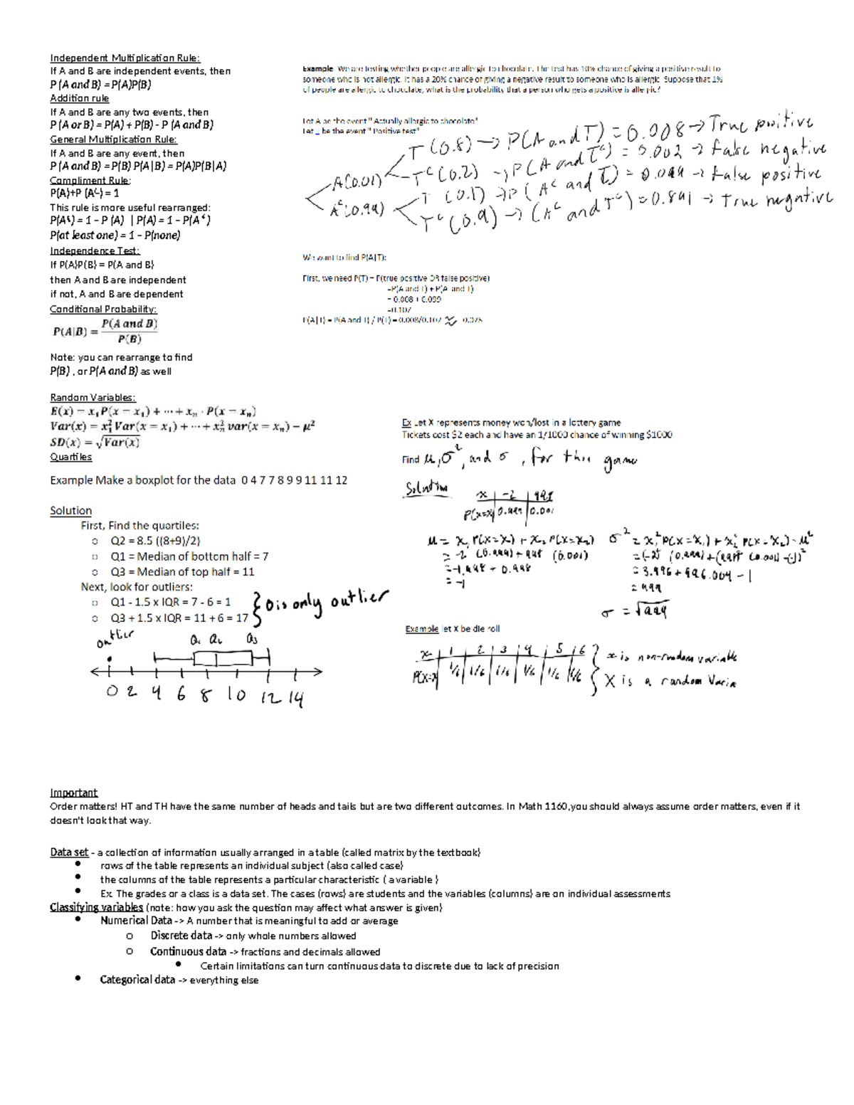 Math 1160: Test 1 Review on Probability Rules and Data Types - Studocu
