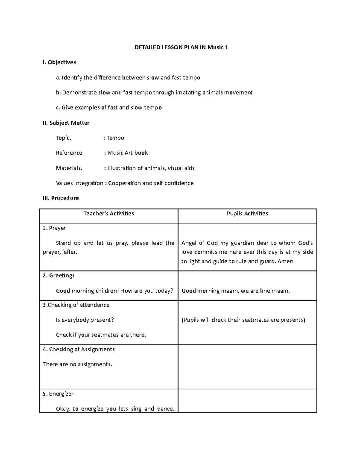 Music Lesson Plan: Exploring Fast and Slow Tempo (MUS 101) - Studocu