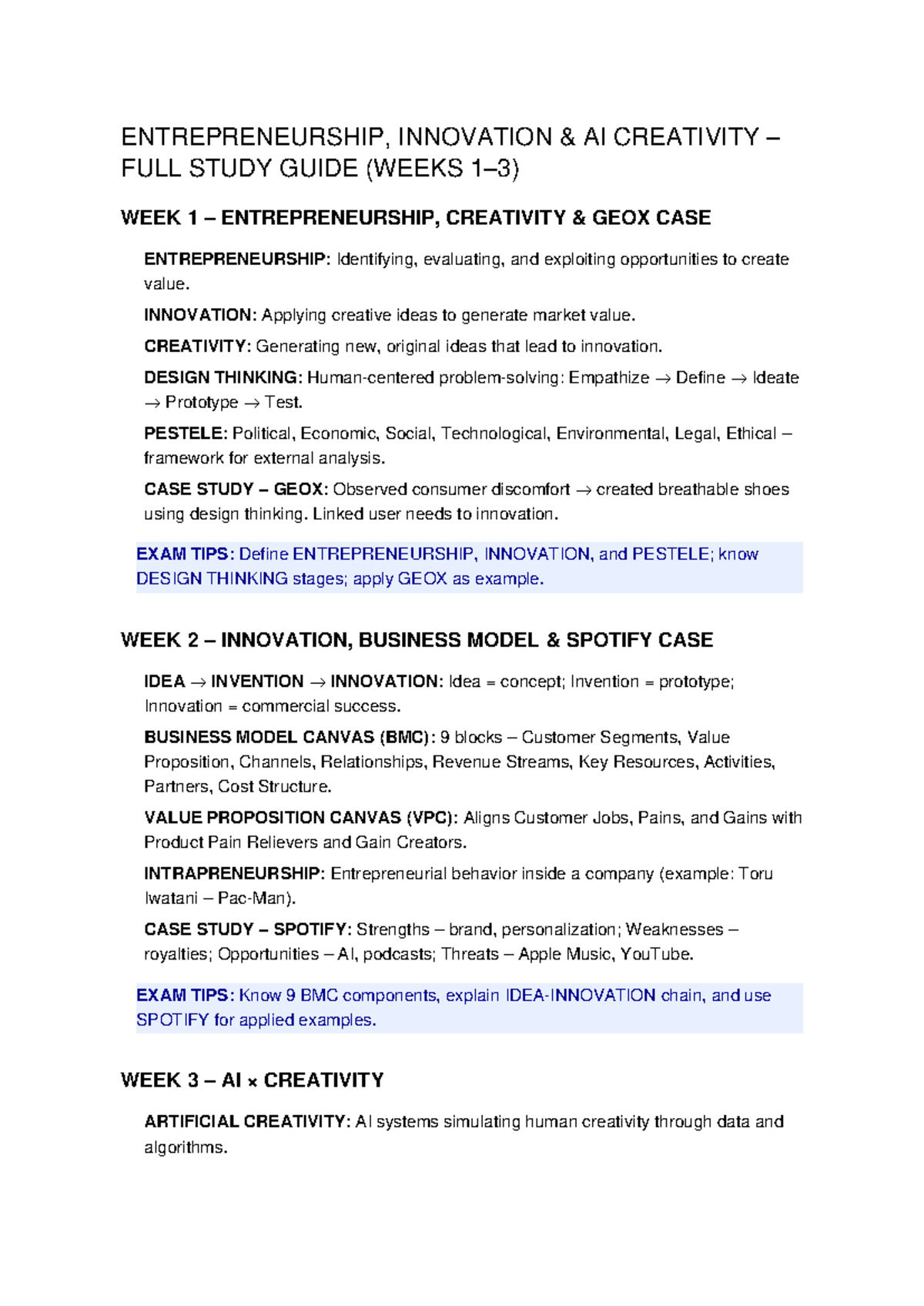 ENTREPRENEURSHIP & INNOVATION AI CREATIVITY STUDY GUIDE (WEEKS 1-3 ...