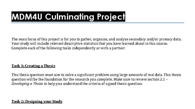 MDM4U Culminating Project: Data Analysis and Thesis Development - Studocu