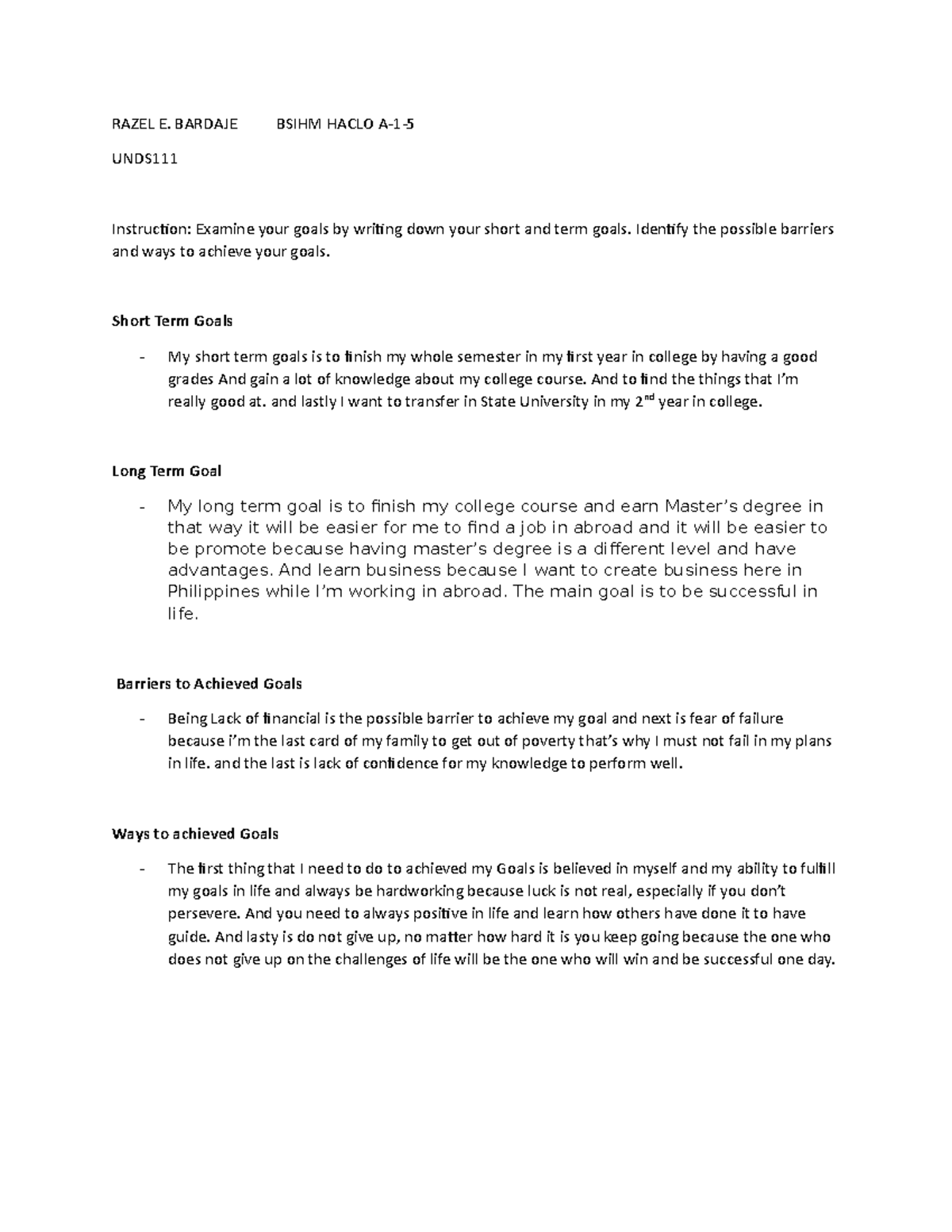 BSIHM A-1- Goal Setting: Analyzing Short and Long-Term Objectives - Studocu