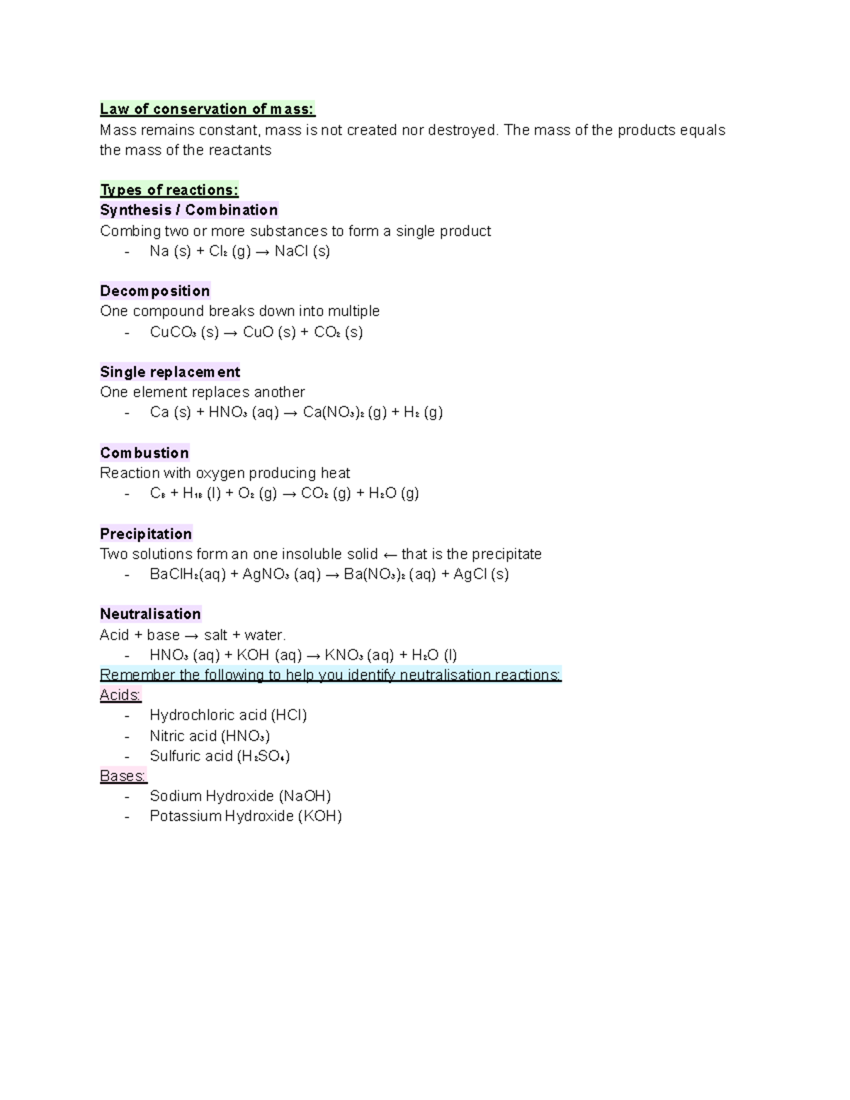 Science Exam Notes: Law of Conservation of Mass & Reaction Types - Studocu