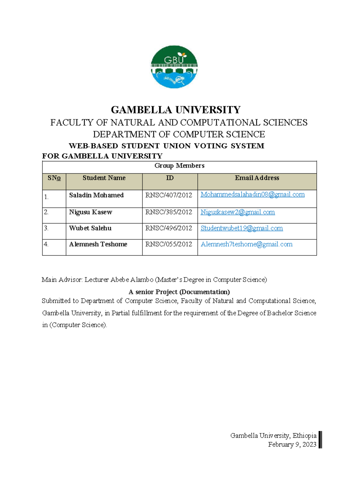 Web Based Student Union Voting System Documentation (CS 2023) - Studocu