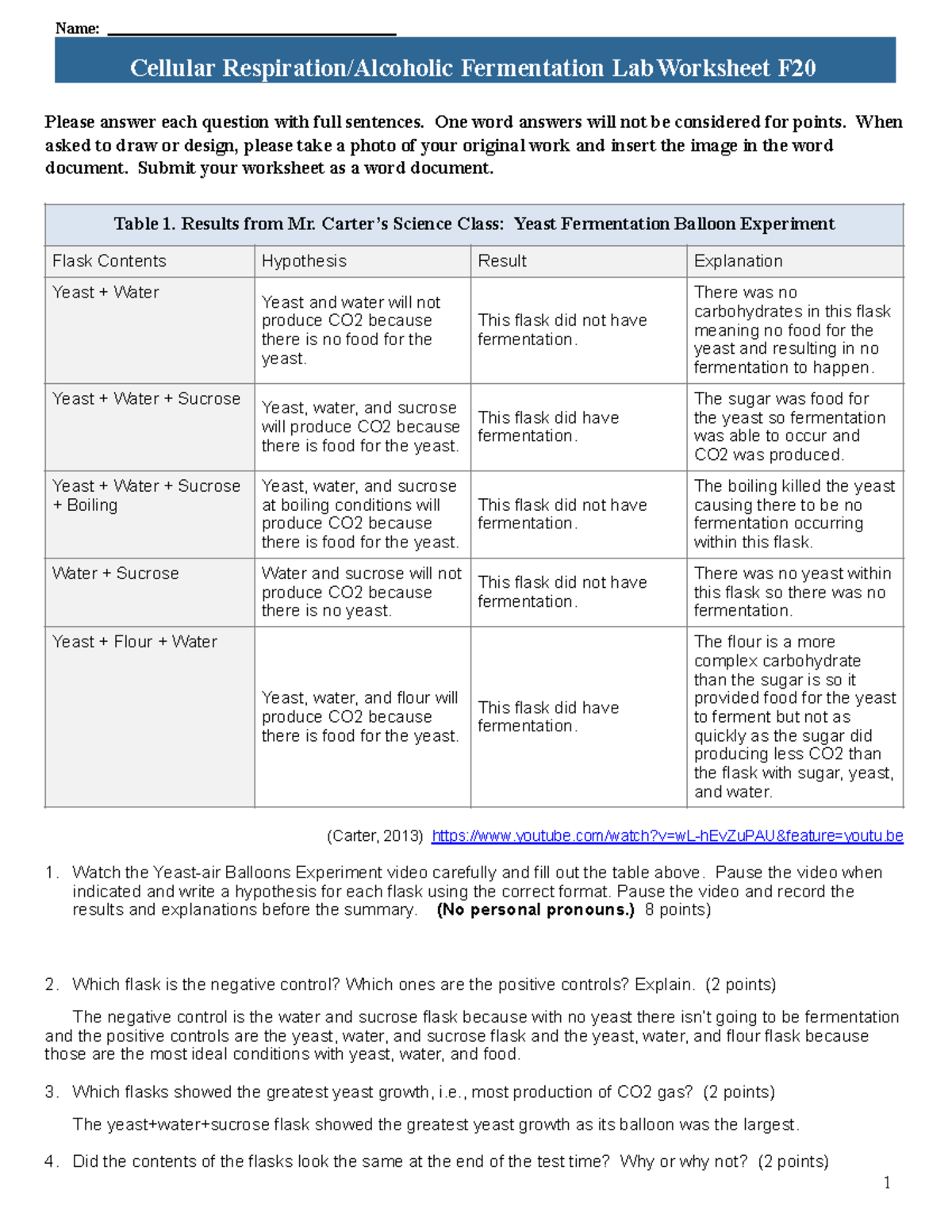 6 Fermentation worksheet F20 3 - Name: Cellular Respiration/Alcoholic ...