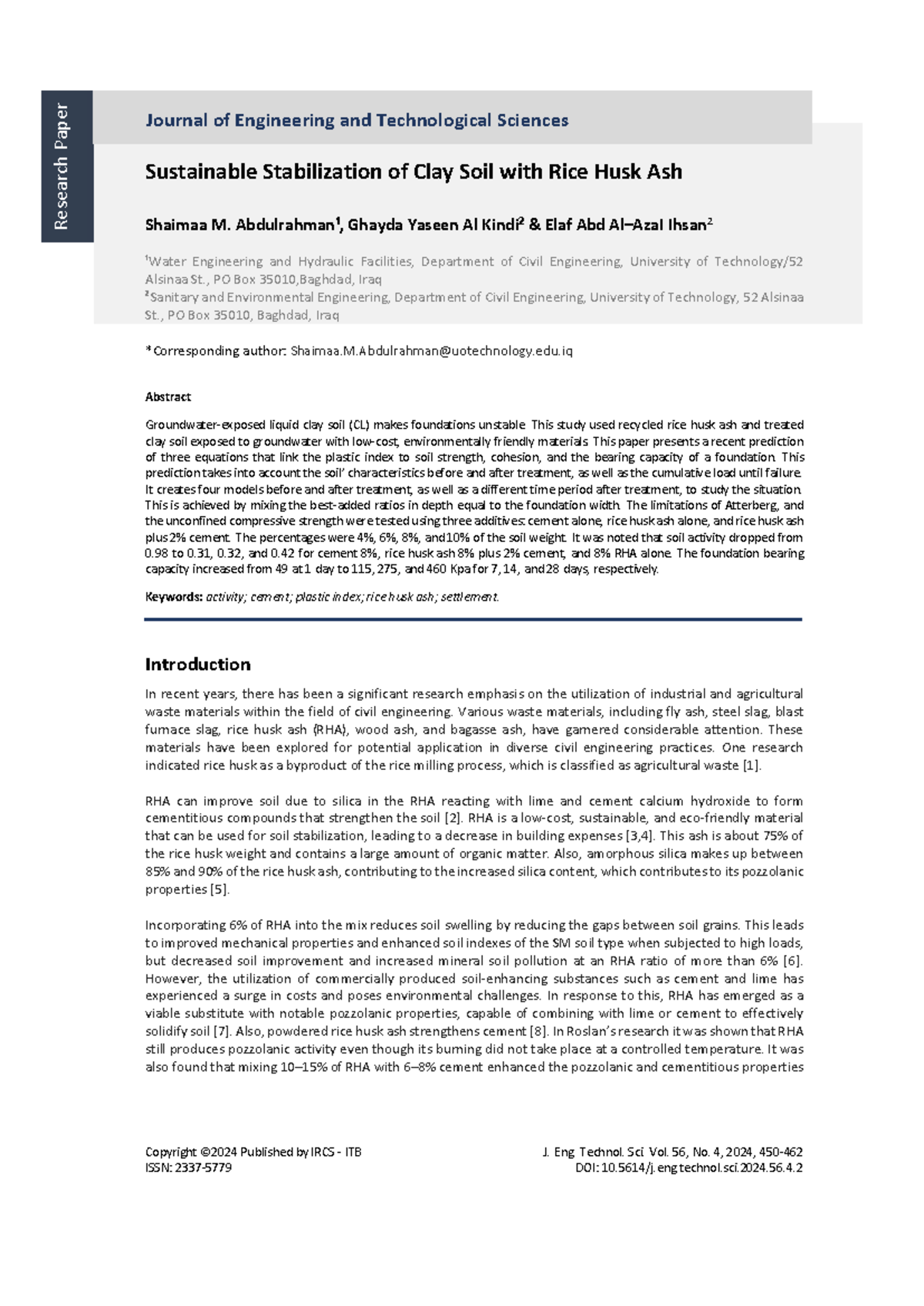 Sustainable Stabilization of Clay Soil Using RHA: A Study (ENG 2024 ...