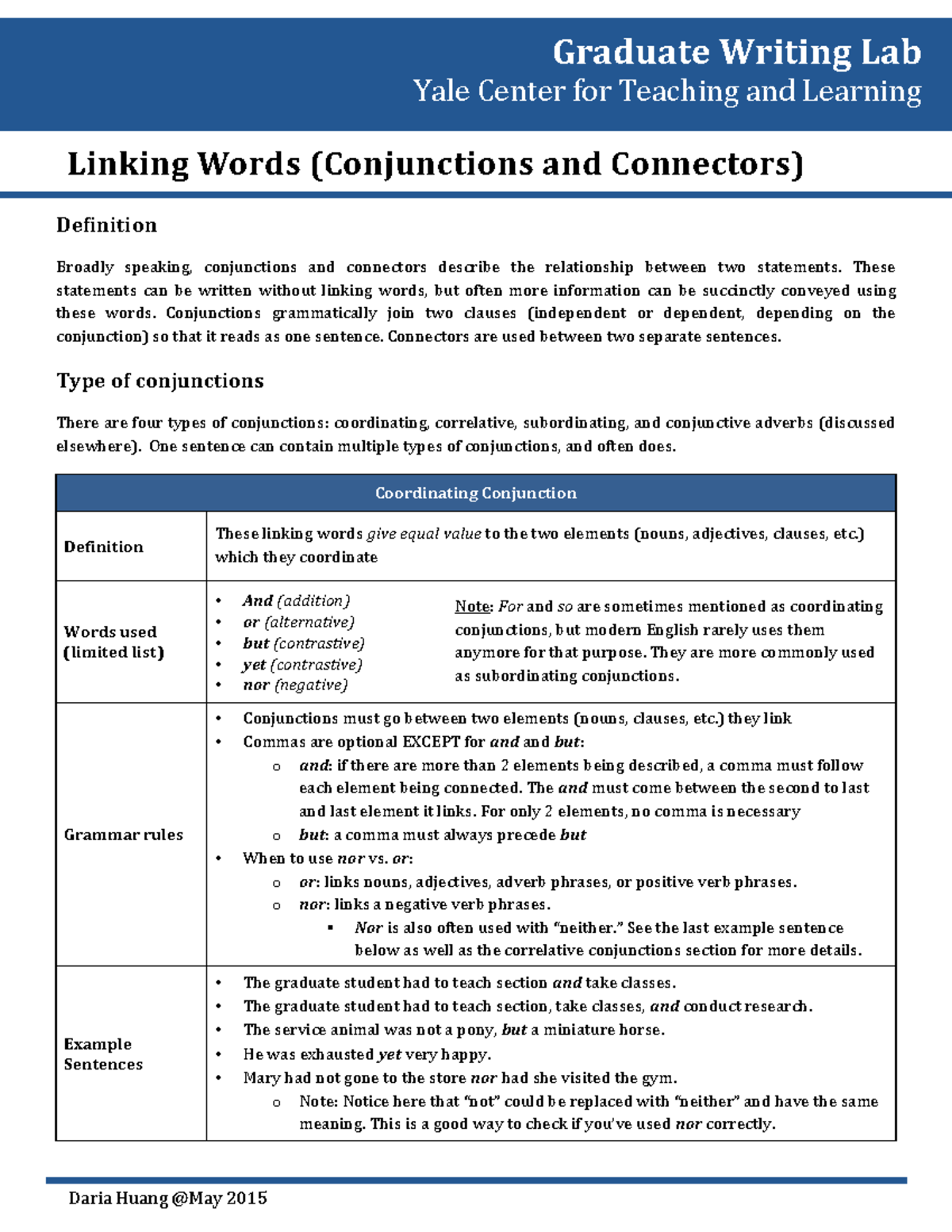 Linking Words: Conjunctions and Connectors - Graduate Writing Lab - Studocu