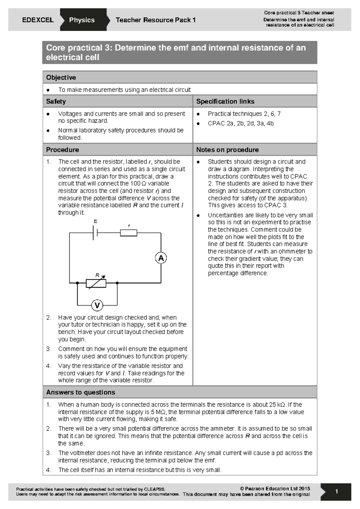 EDEXCEL Physics Core Practical 3: emf & Internal Resistance Worksheets - Studocu
