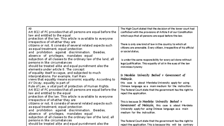 Final Exam: Analysis of Article 8(1) of the Federal Constitution - Studocu