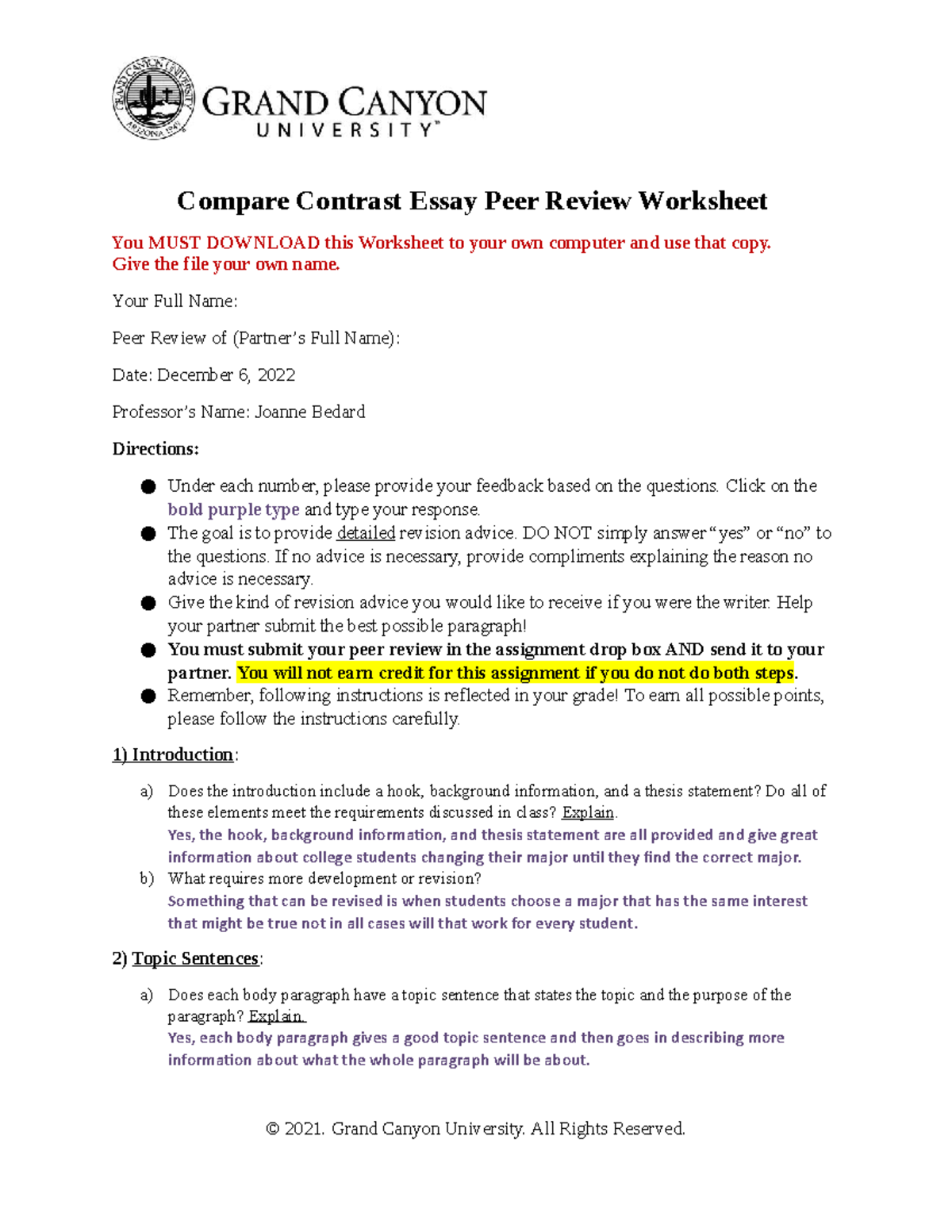 UNV-100 Compare & Contrast Essay Peer Review Guide - Studocu