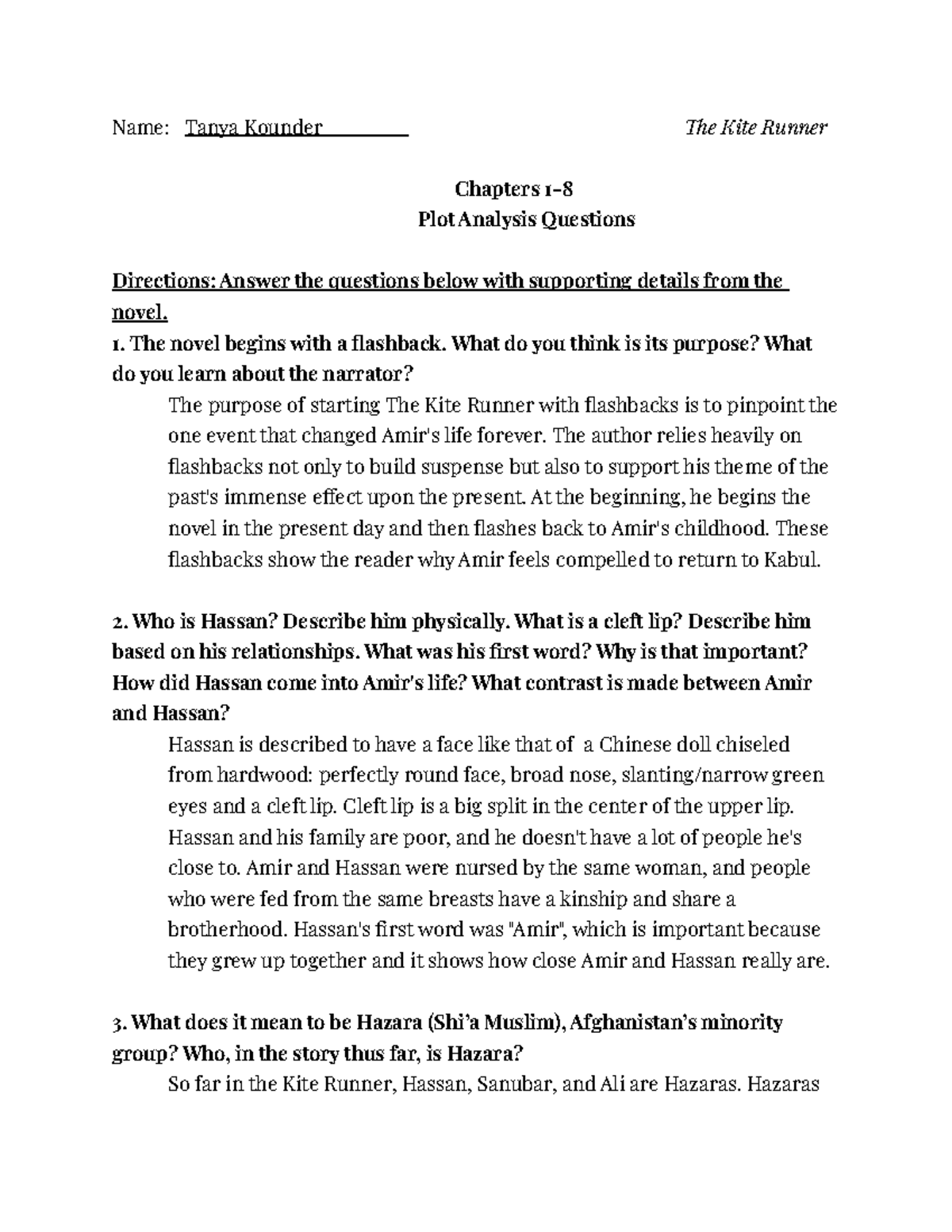The Kite Runner (ENG 101) Summary Questions: Chapters 1-10 Analysis ...
