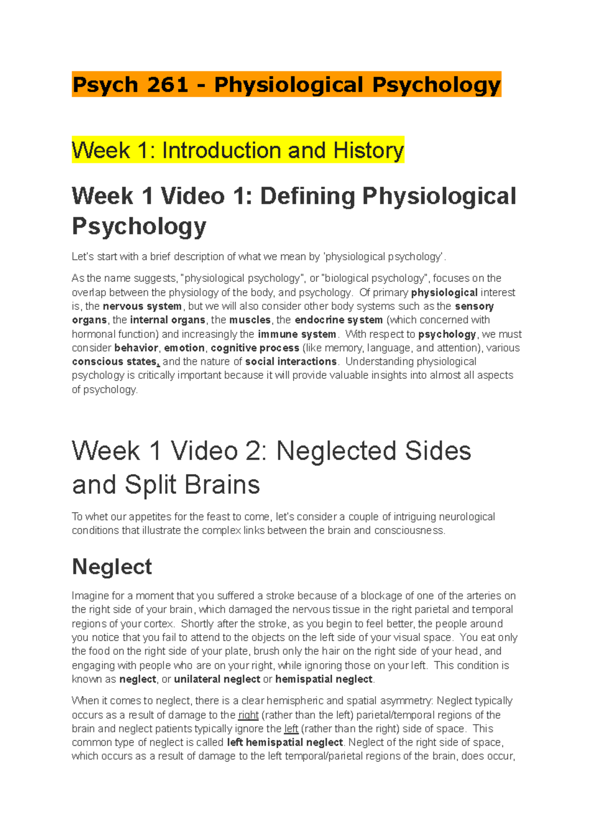 Psych 261 - Physiological Psychology: Week 1 Overview & Key Concepts ...