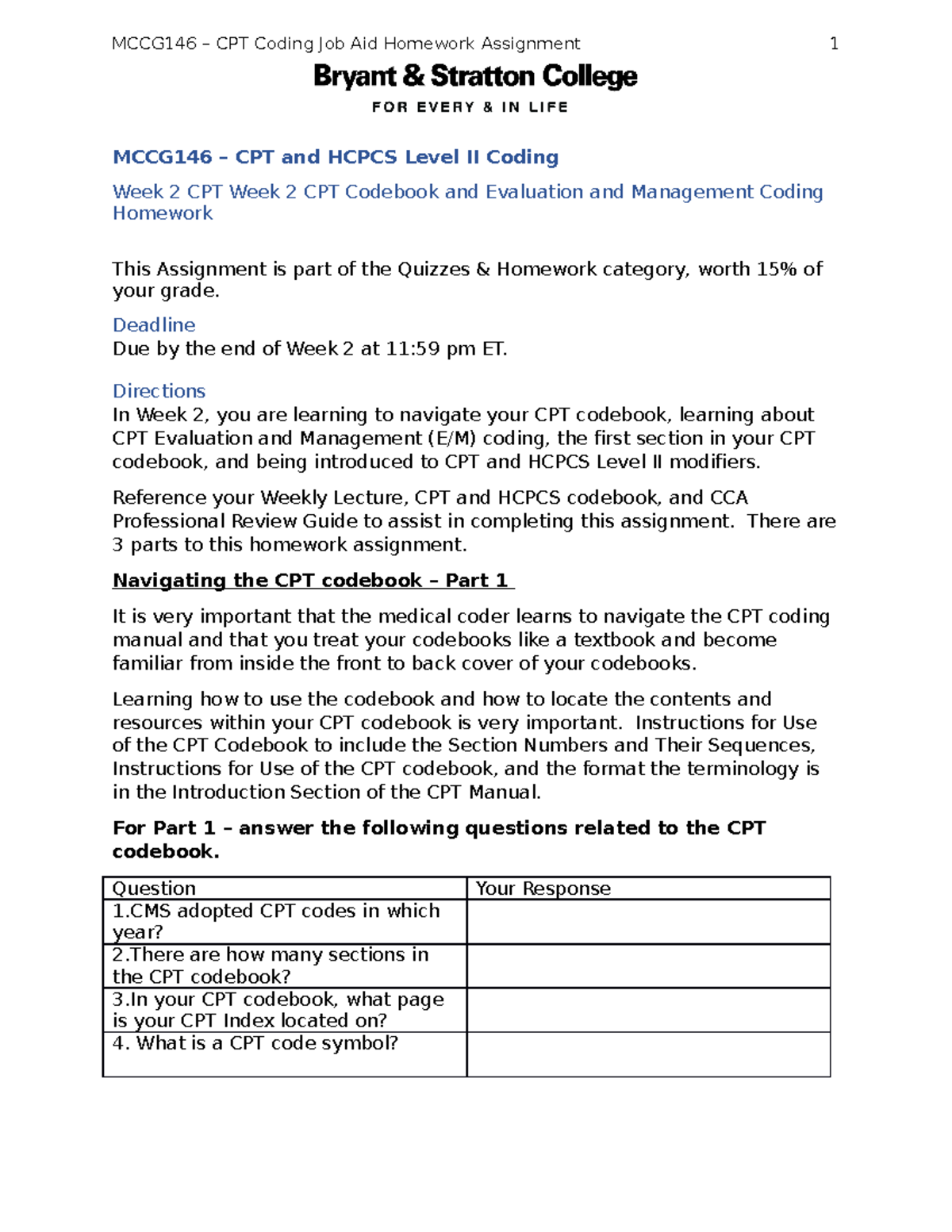 MCCG146 - Week 2 CPT Coding Job Aid Homework Assignment - MCCG146 – CPT ...