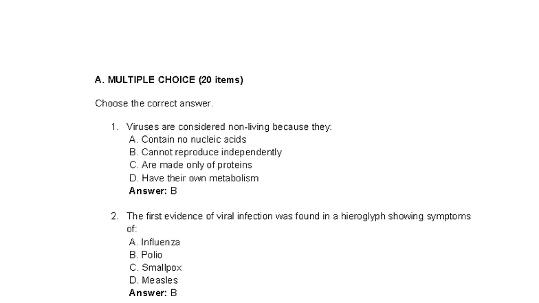 Virus PT1 Prac Quiz: MCQ, True/False, Matching & Identification - Studocu