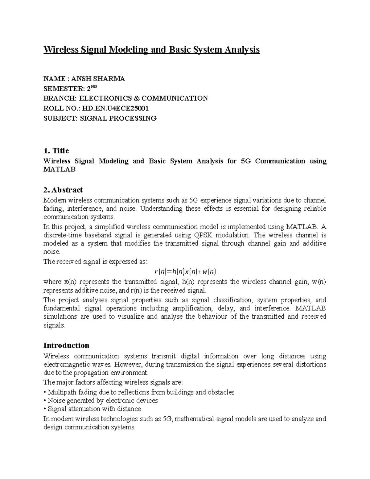 Signal Processing Project: Wireless Signal Modeling for 5G ...