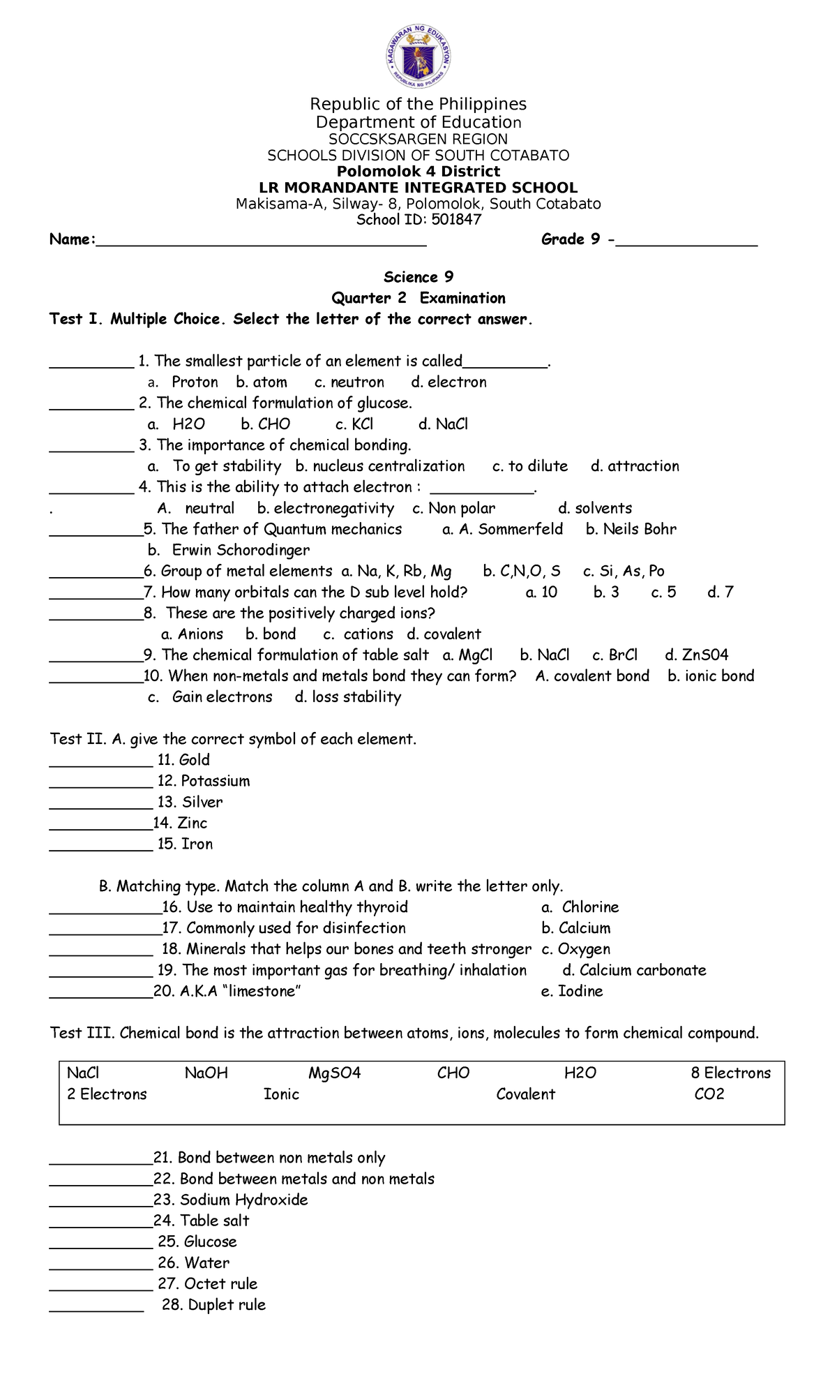 Science 9 2nd Quarter Exam with Questions and Answers - Studocu