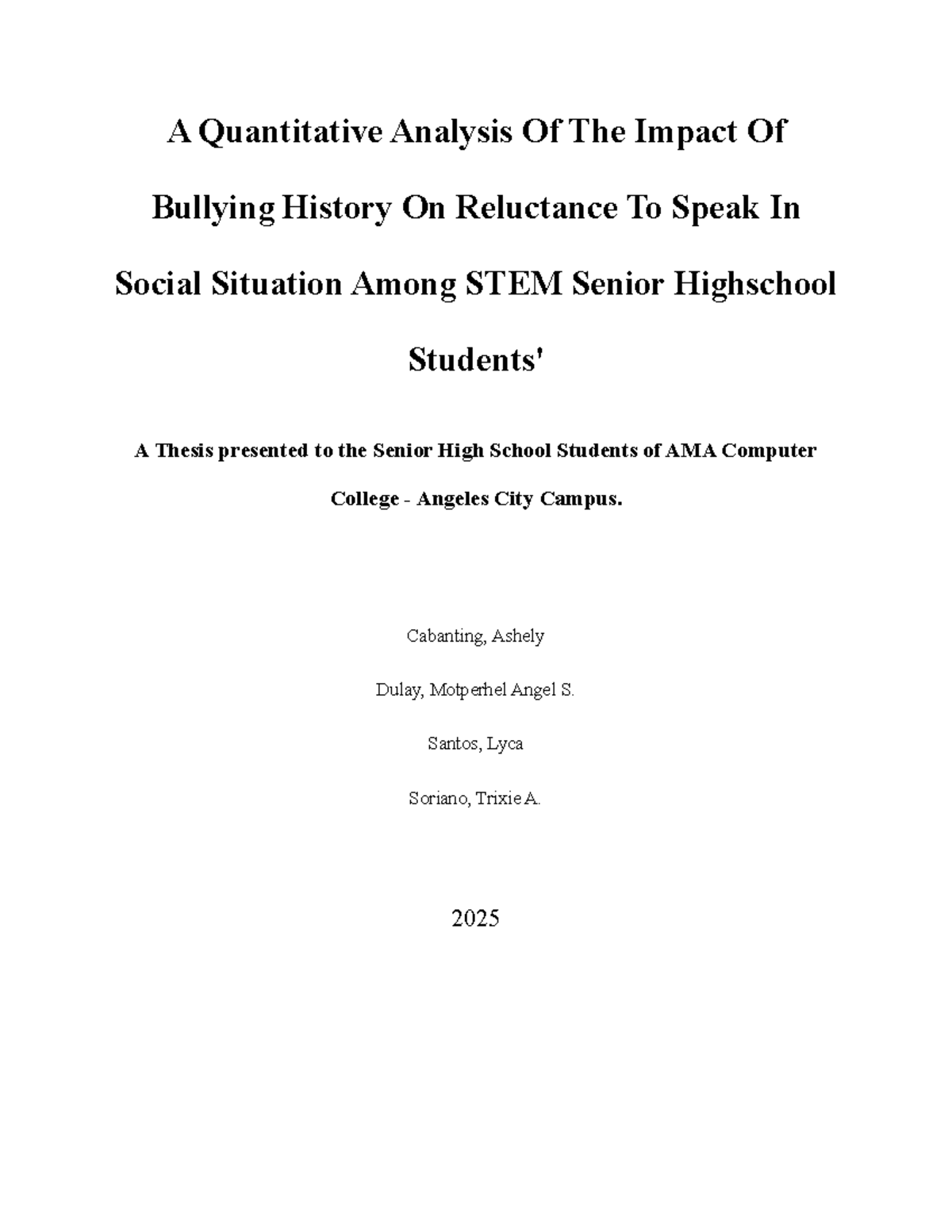 STEM-A-Group-5-Quantitative Study on Bullying's Impact on Social Reluctance - Studocu