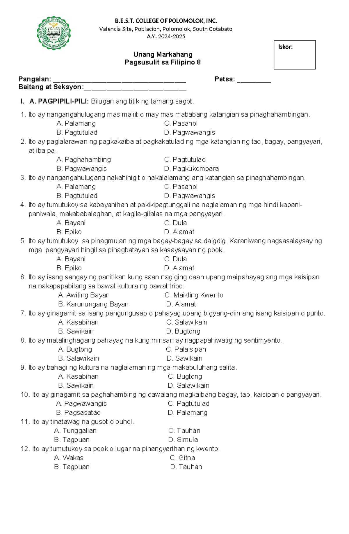 Unang Markahan Pagsusulit sa Filipino 8 - Tamang Sagot at ...