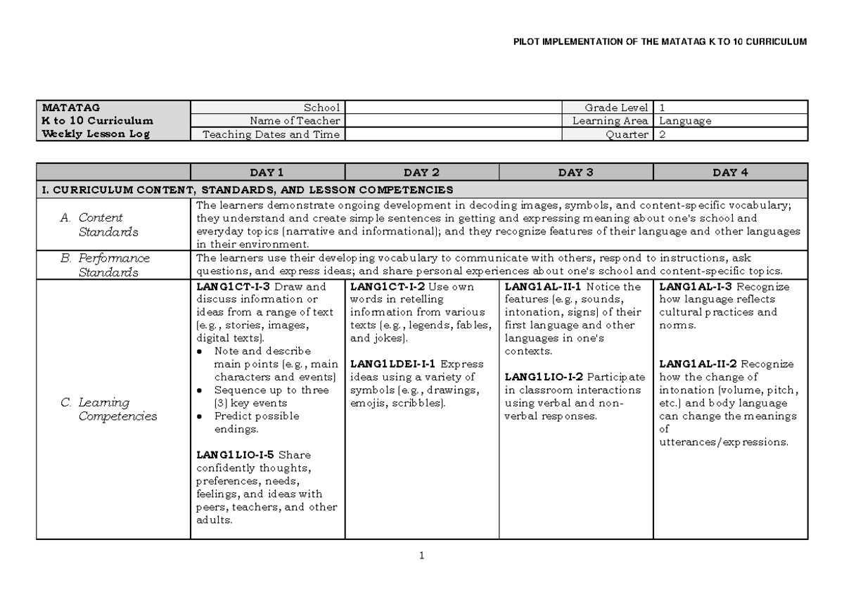 K to 10 Language 1 Q2 Week 2 Lesson Plan and Activities - Studocu